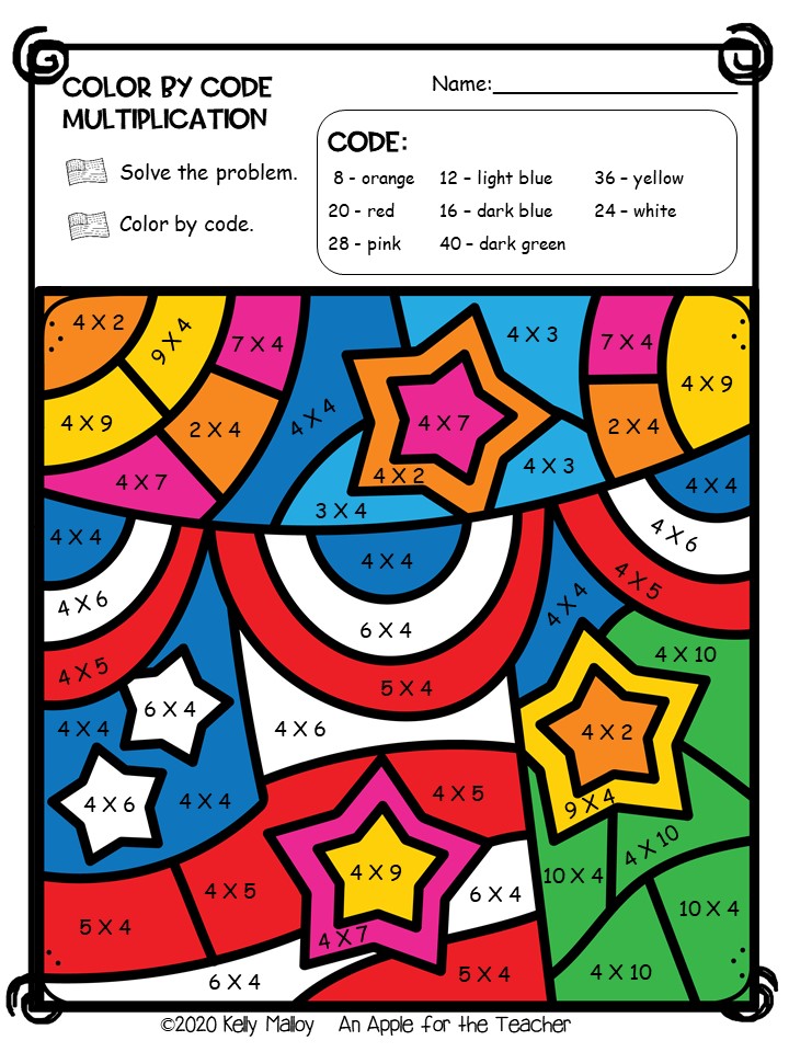An Apple For The Teacher: 4th of July Color By Number