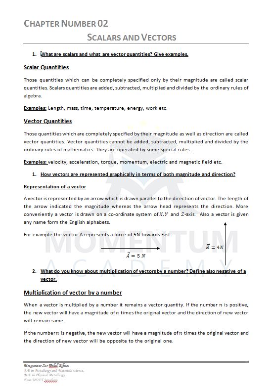 First Year: Physics Chapter No 02: Scalar And Vectors ~ Momentum Academy