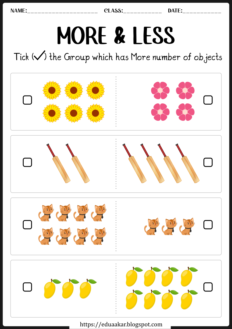 More and Less worksheets for Preschool and Kindergarten kids