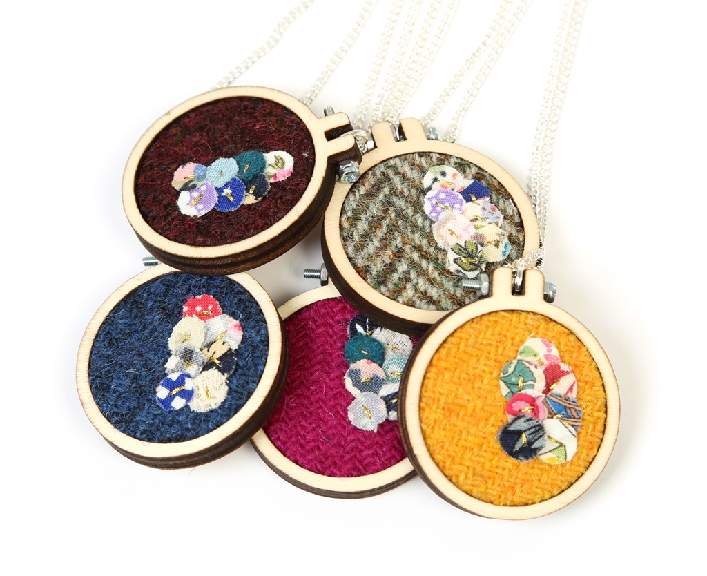Louise Dawson Design: Harris Tweed Mini Embroidery Hoop Necklaces