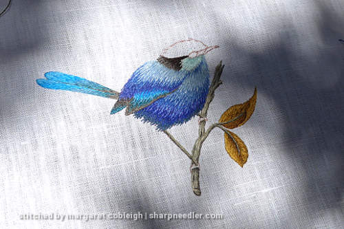 The Sharp Needler: Thread Painted Royal Blue Bird: Lots of Progress!