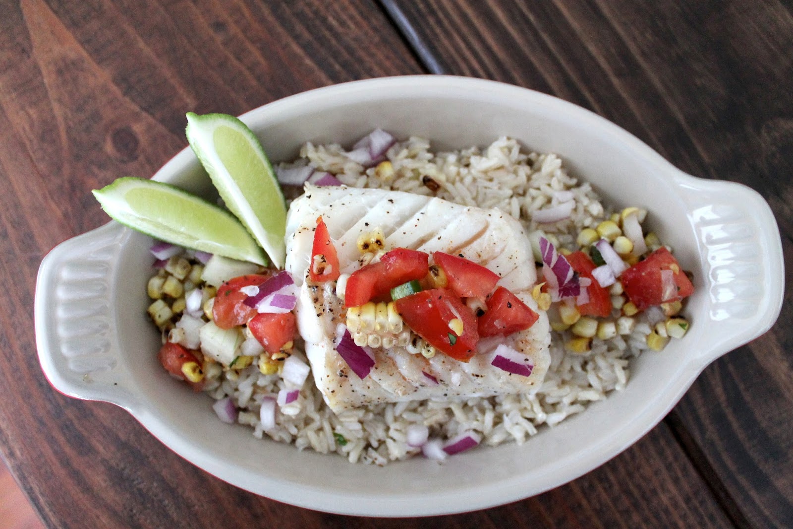 Cod Rice Bowl Topped With Fresh Corn Salsa - The Berger Bungalow