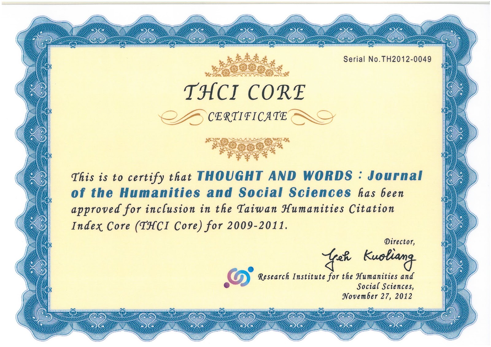 2012 THCI CORE certificate | Thought and Words Journal