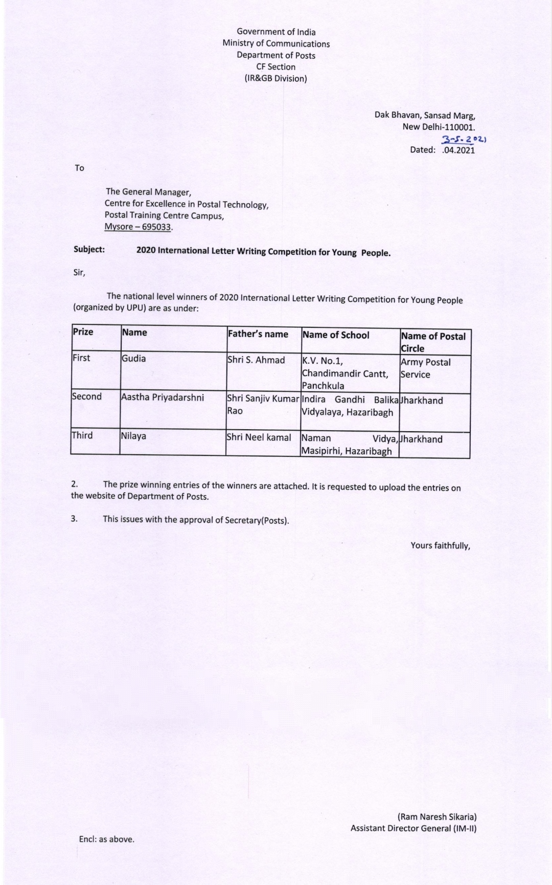 Result of 2020 international Letter Writing Competition for young ...