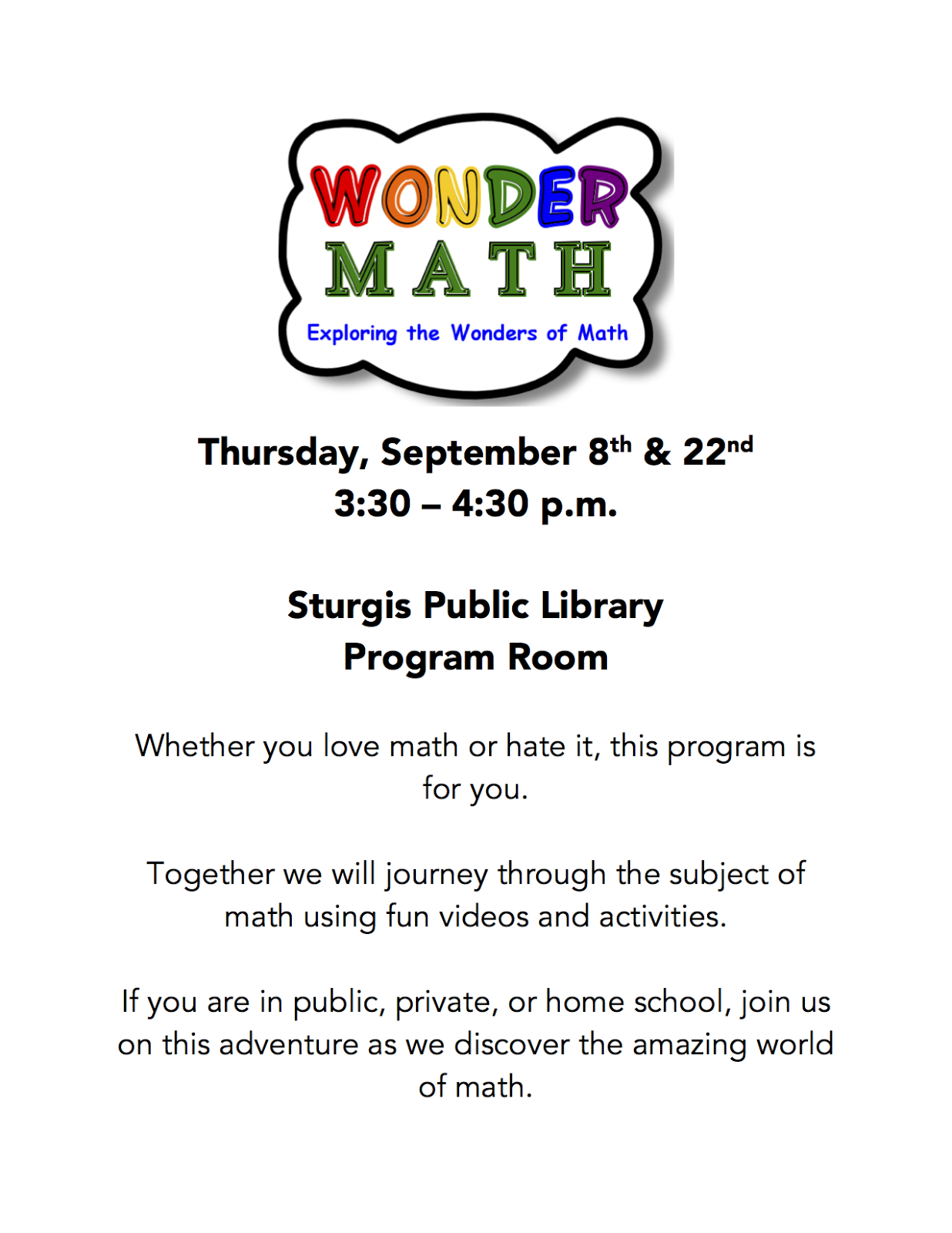 Sturgis Public Library: Wonder Math: "Exploring the Wonders of Math ...