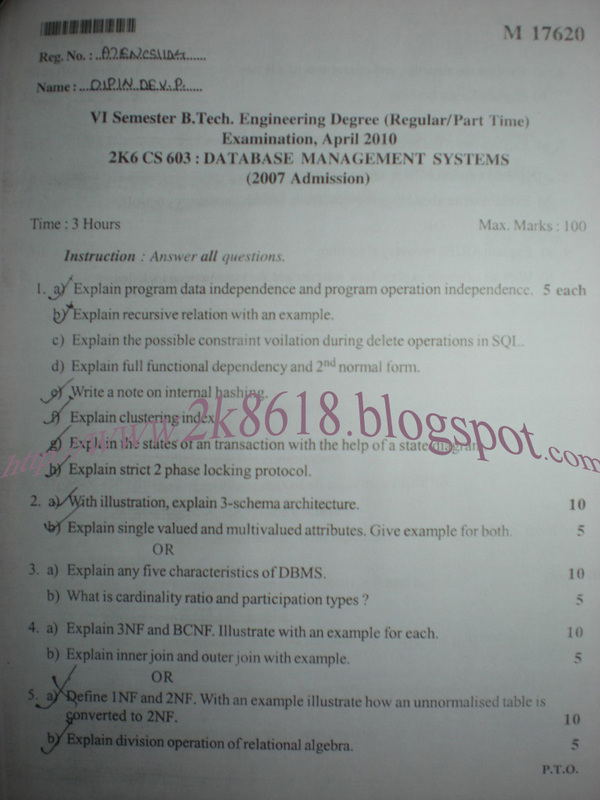 Data Base Management Systems(DBMS) - Previous Question Paper -Semester ...