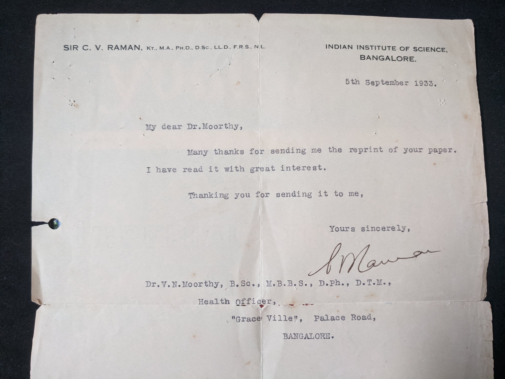 Letter from Sir C. V. RAMAN