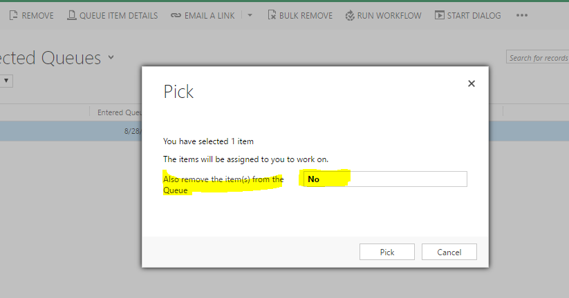 Pick a Queue Items from the Queue CRM Dynamics Functional Information