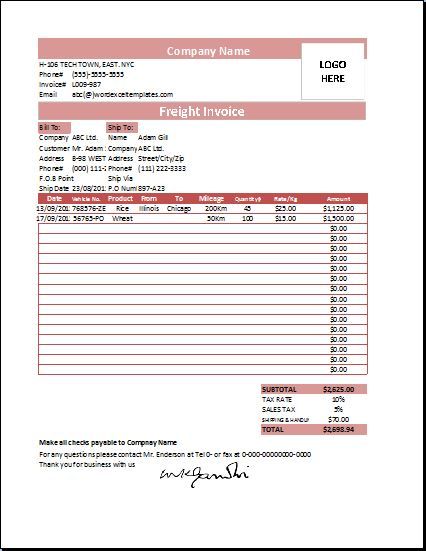 Transport Bill Format In Word - Invoice Template