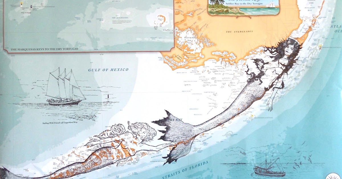 Carmen Beecher: Mermaids, 36x22 Pen and Ink Drawing on Nautical Map