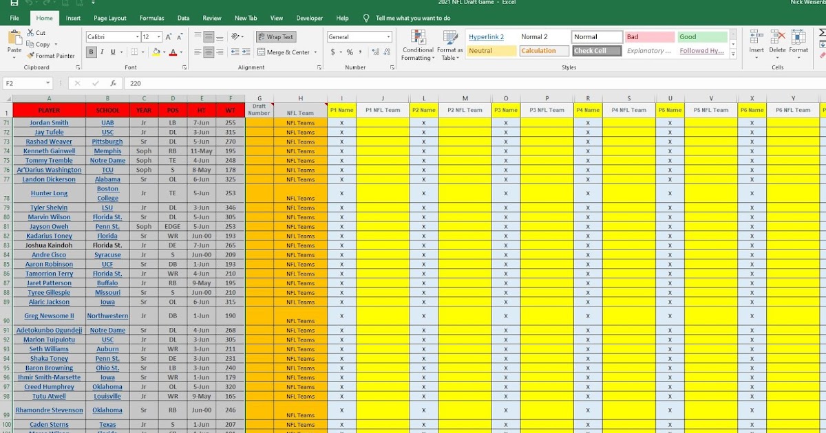 Excel Spreadsheets Help: 2021 NFL Draft Game Spreadsheet Template