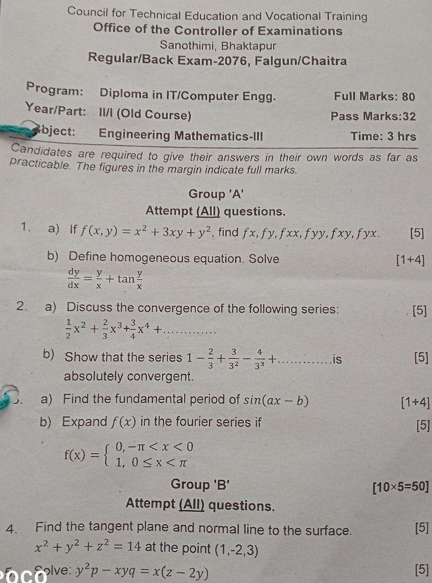 CTEVT Question Paper 2074, 2075 And 2076 Of Engineering Mathematics III ...