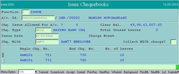 Finacle Step-By-Step: Issue of Cheque Book (ICHB)