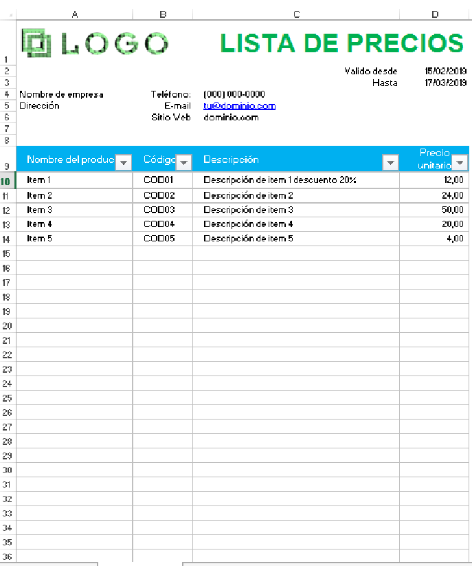 Plantilla Excel Para Listas De Precios Gratis Images And Photos Finder