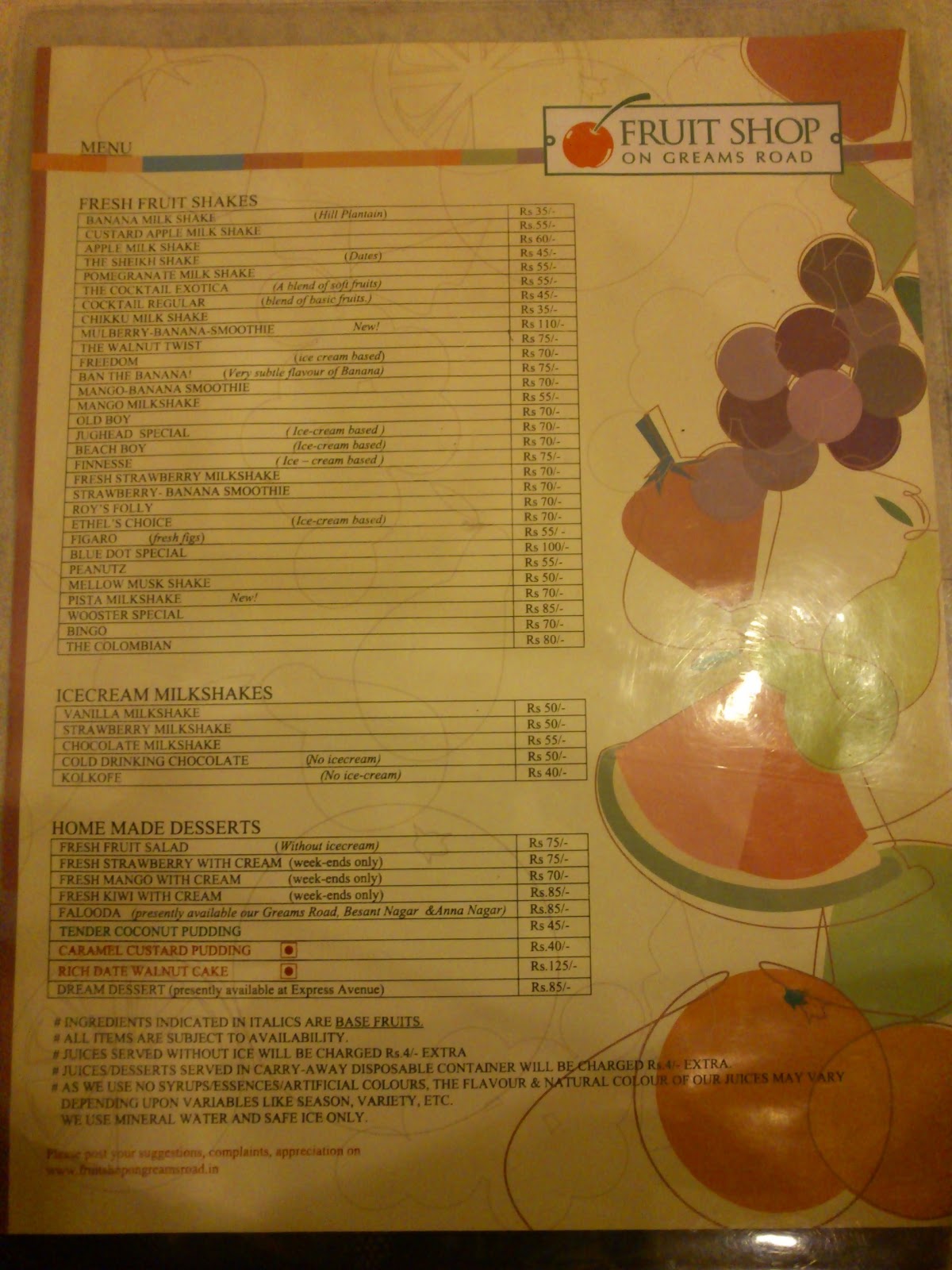 MENU CARD: Fruit Shop on Greams Road ,Besant Nagar, MENU CARD