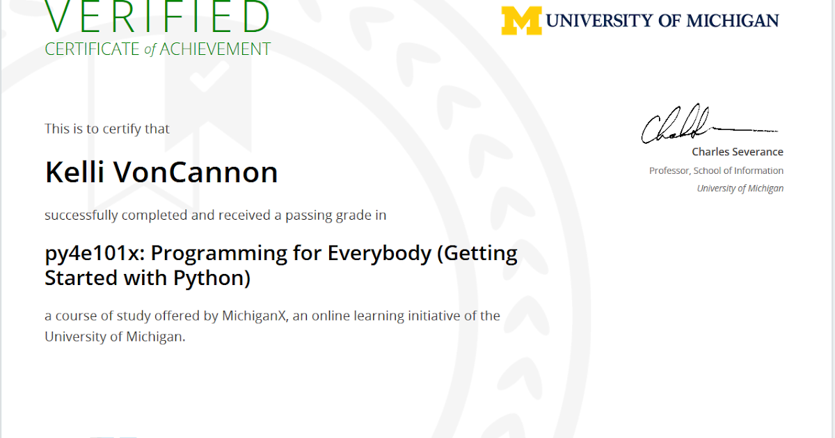 Kelli VonCannon: Python Course Certificate of Completion