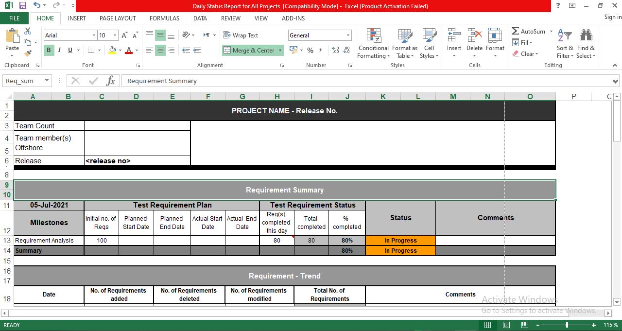 Project daily status report template excel