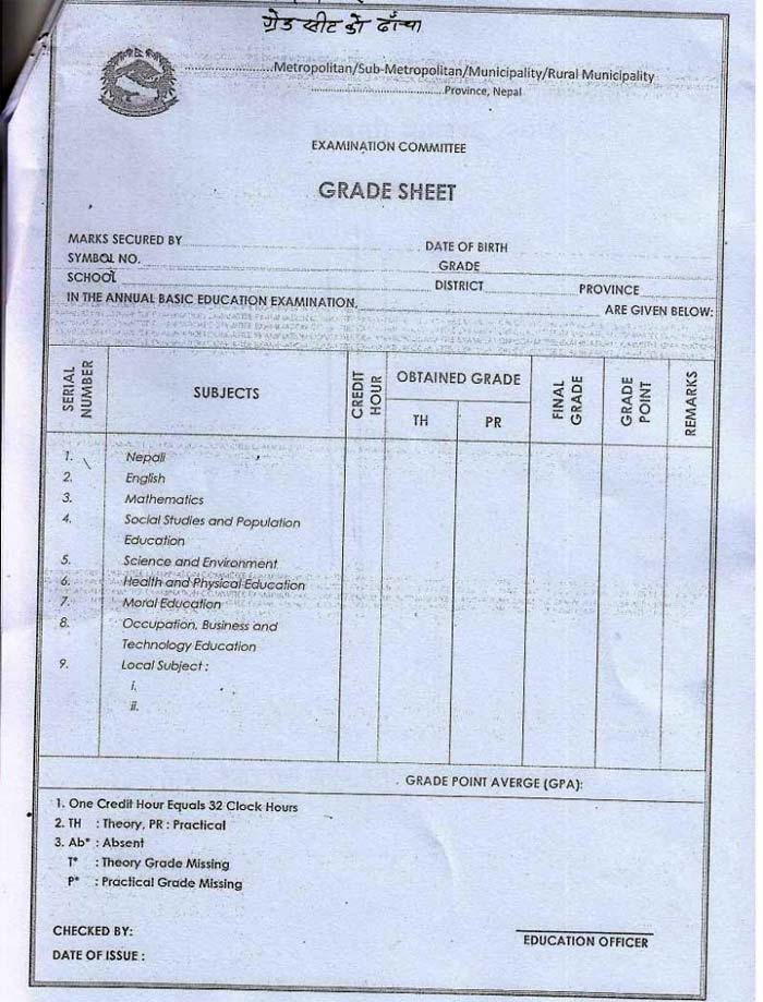 Grade 8 Basic Level Examinations ( BLE Exam) Result Gradesheet and ...