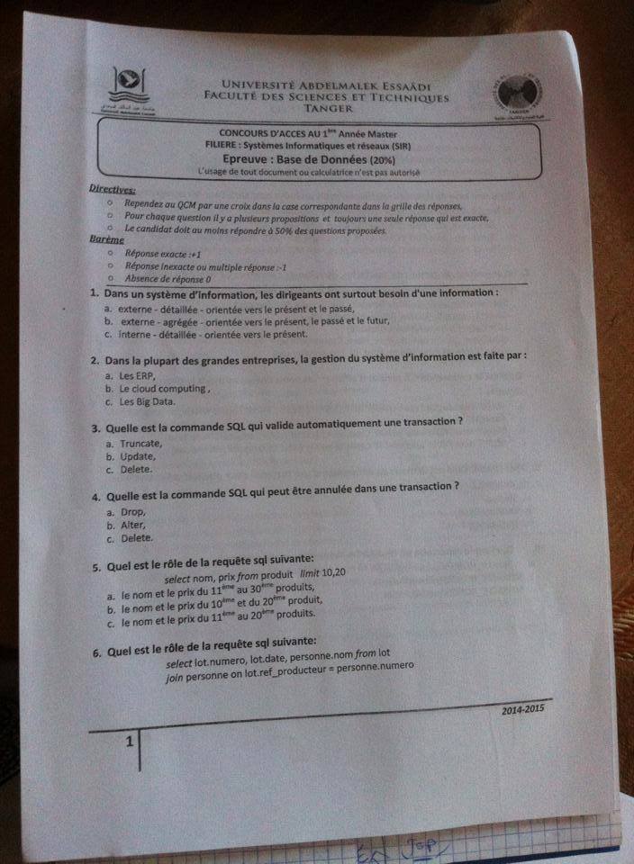 FST Tanger - Exemples des Concours - Concours Maroc