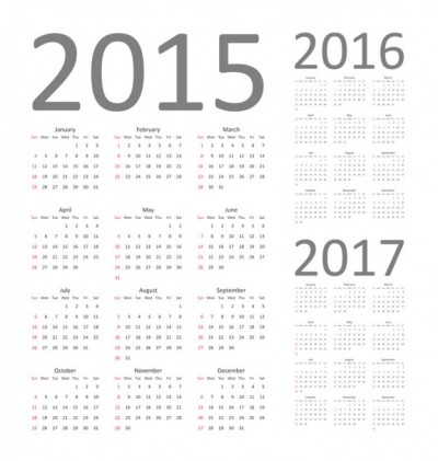 Calendar 2015, 2016 and 2017. Fully editable ~ downvector