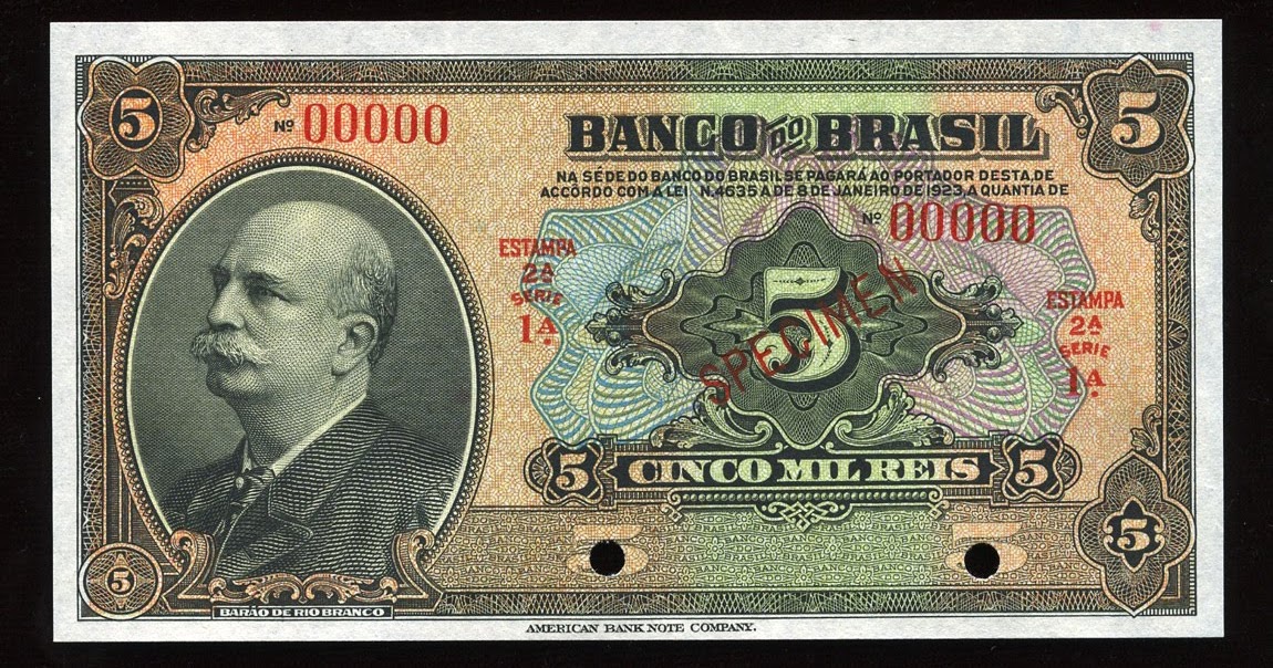 Brazilian banknotes 5 Mil Reis banknote of 1923 José Paranhos, Baron of ...