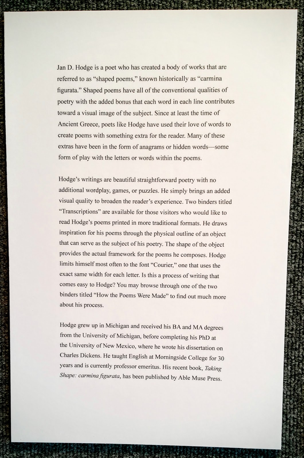 History and Culture by Bicycle: Jan D. Hodge: Shaped Poems, Introduction