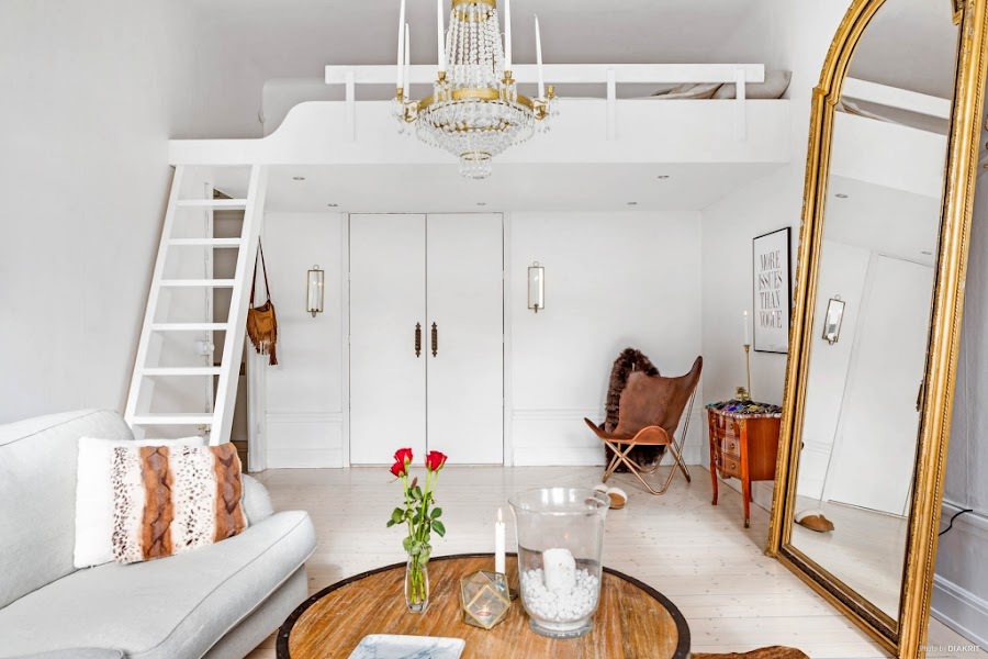 Estudio de 34 m² con cama el altillo y estilo femenino | Decoración