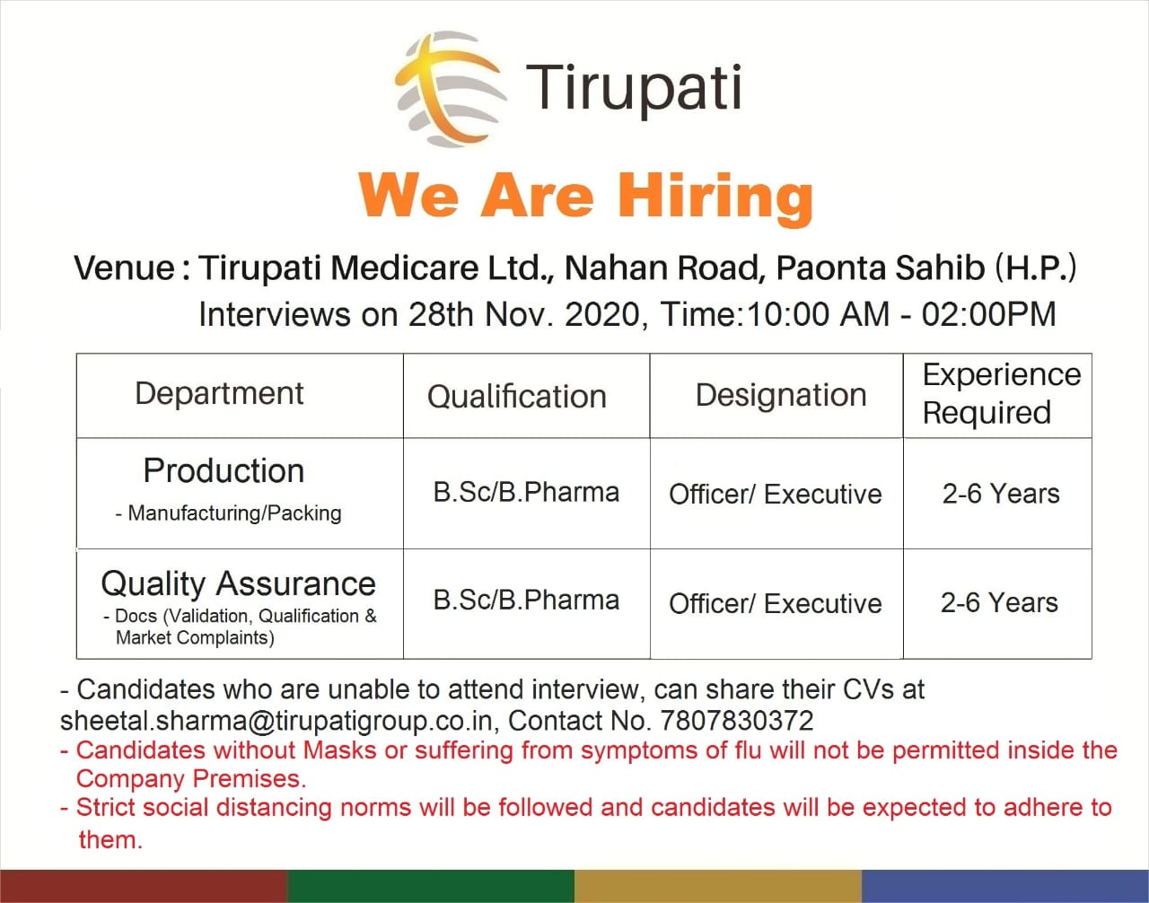 Tirupati Medicare Ltd - Walk-In Interviews for Production / Quality ...