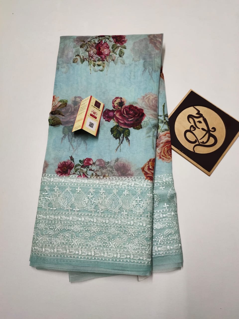 Organza floral chicken work sarees