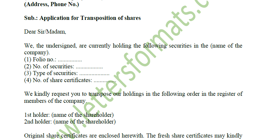 Transposition of Shares - Application Letter to Company format
