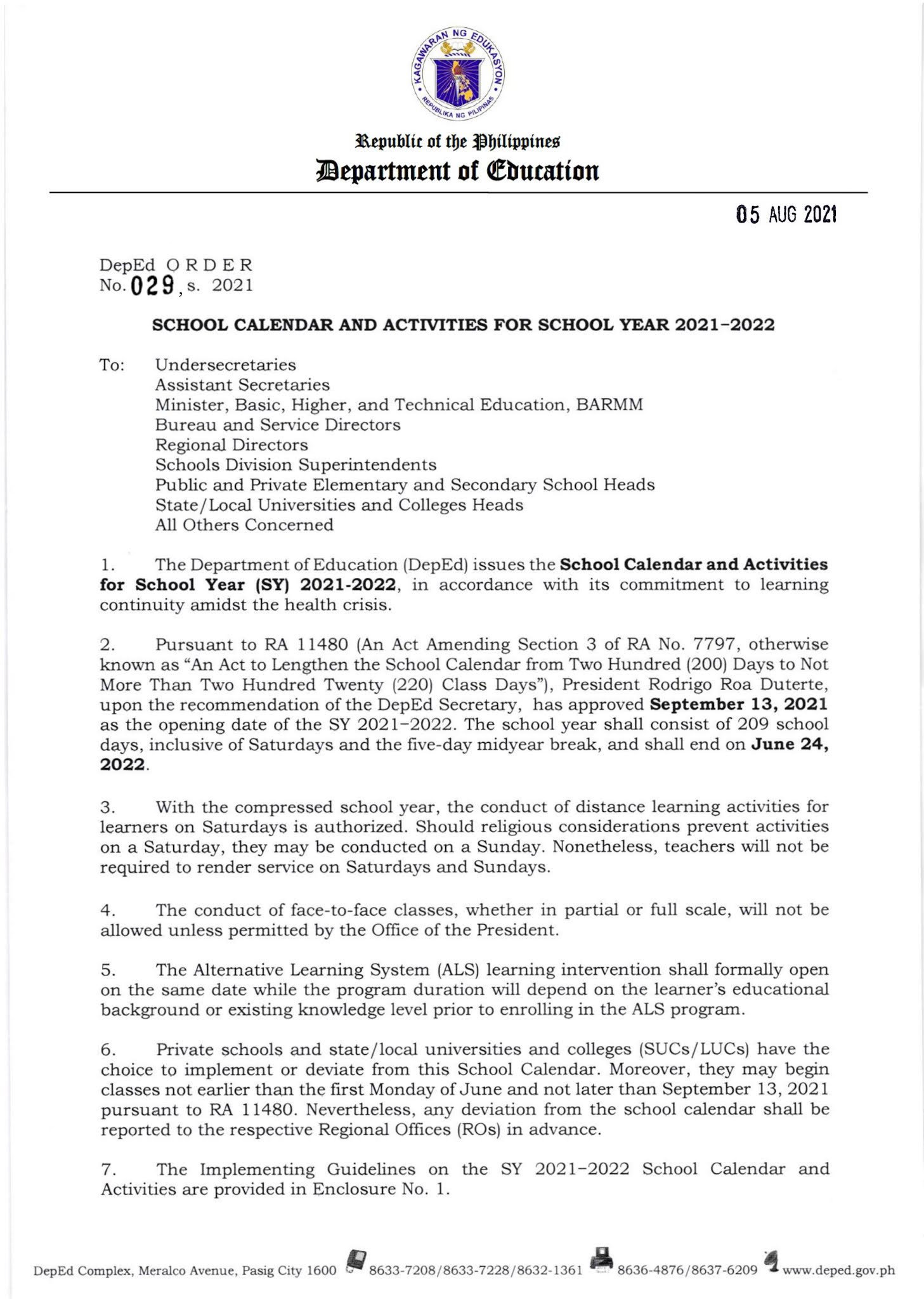 EducNation: DepEd Order No. 029, s. 2021: SCHOOL CALENDAR AND ...