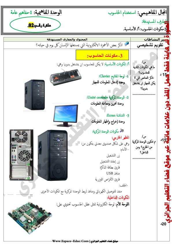 مذكرات السنة الاولى متوسط في الإعلام الآلي المجال 01 الوحدة 01 درس