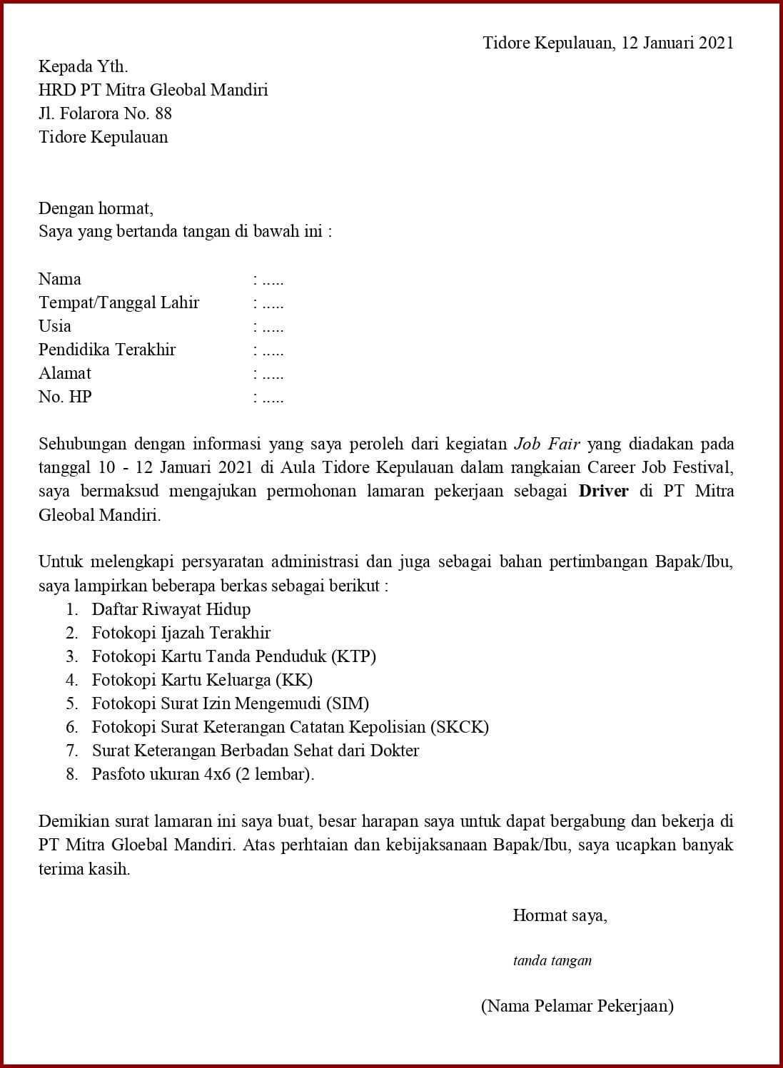 Contoh Surat Lamaran Kerja Untuk Driver (Fresh Graduate) - Tanpakoma