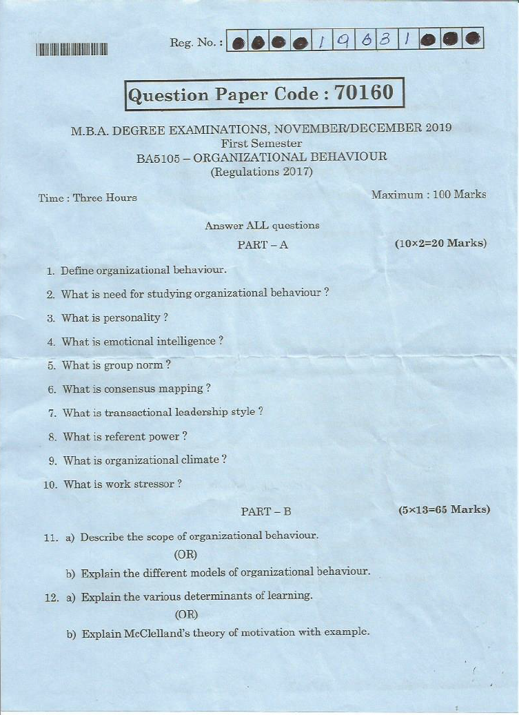 Anna University BA 5105-ORGANIZATIONAL BEHAVIOUR NOVEMBER/DECEMBER 2019 ...