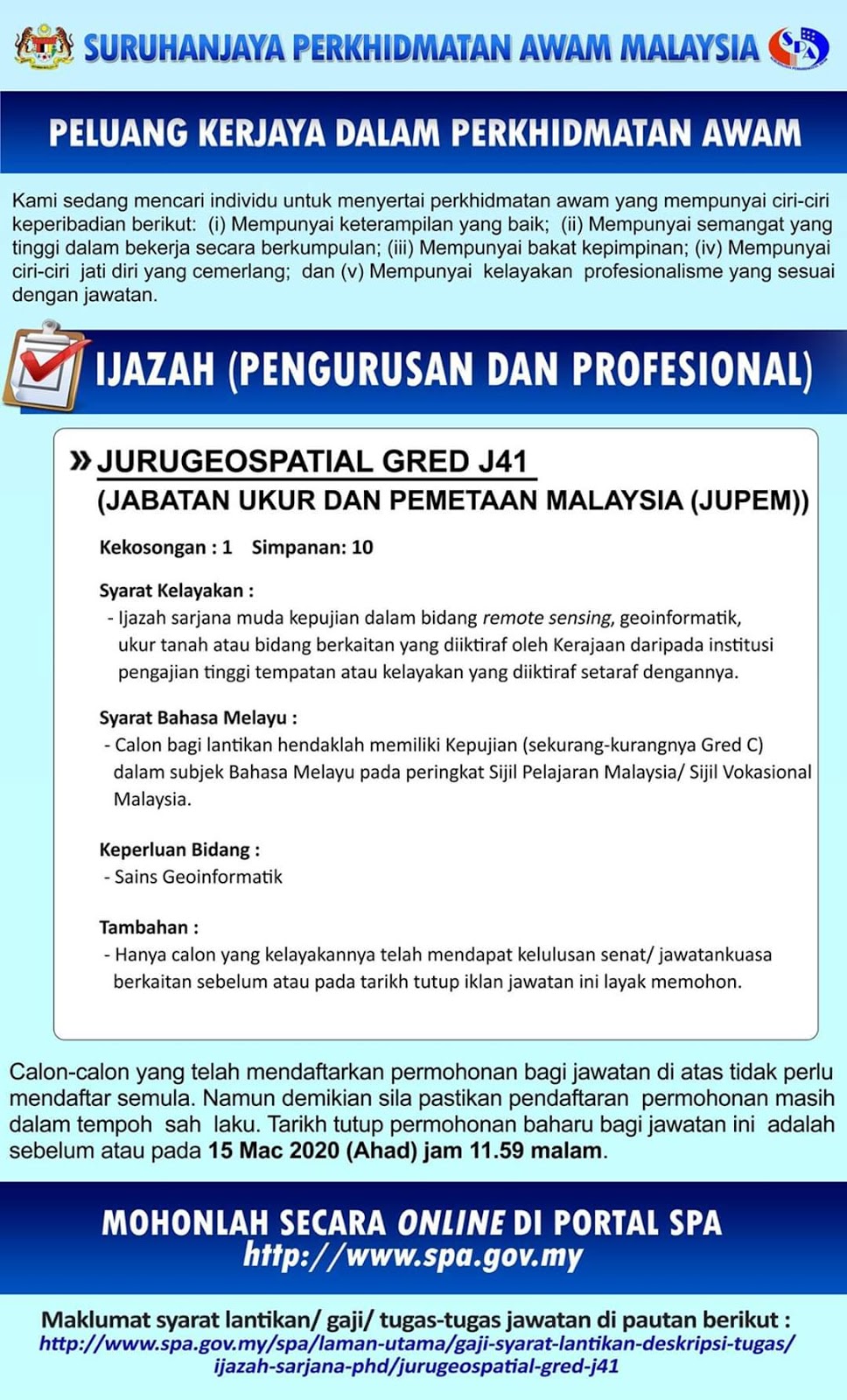 Jawatan Kosong Jabatan Ukur Dan Pemetaan Malaysia 2020 (JUPEM) - SPA9