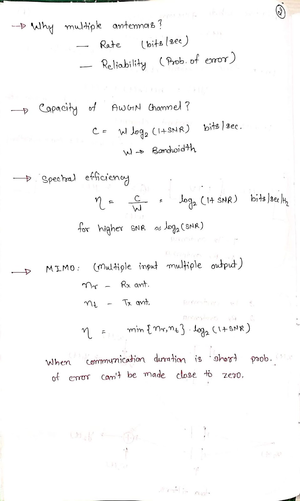 Class Notes: MIMO (Multiple Antenna Systems) Notes
