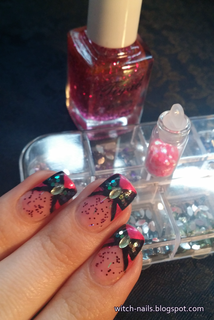Witch Nails: Pink/Black Ribbon Nails