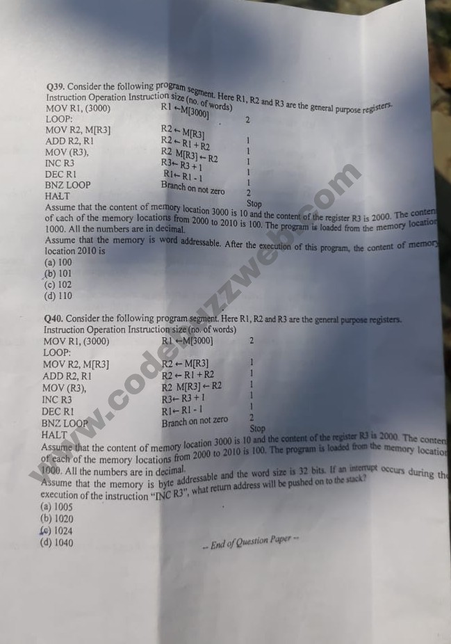 Cse211 Computer Organization And Design Cod 2018 End Term Reappear Improvement Question Paper