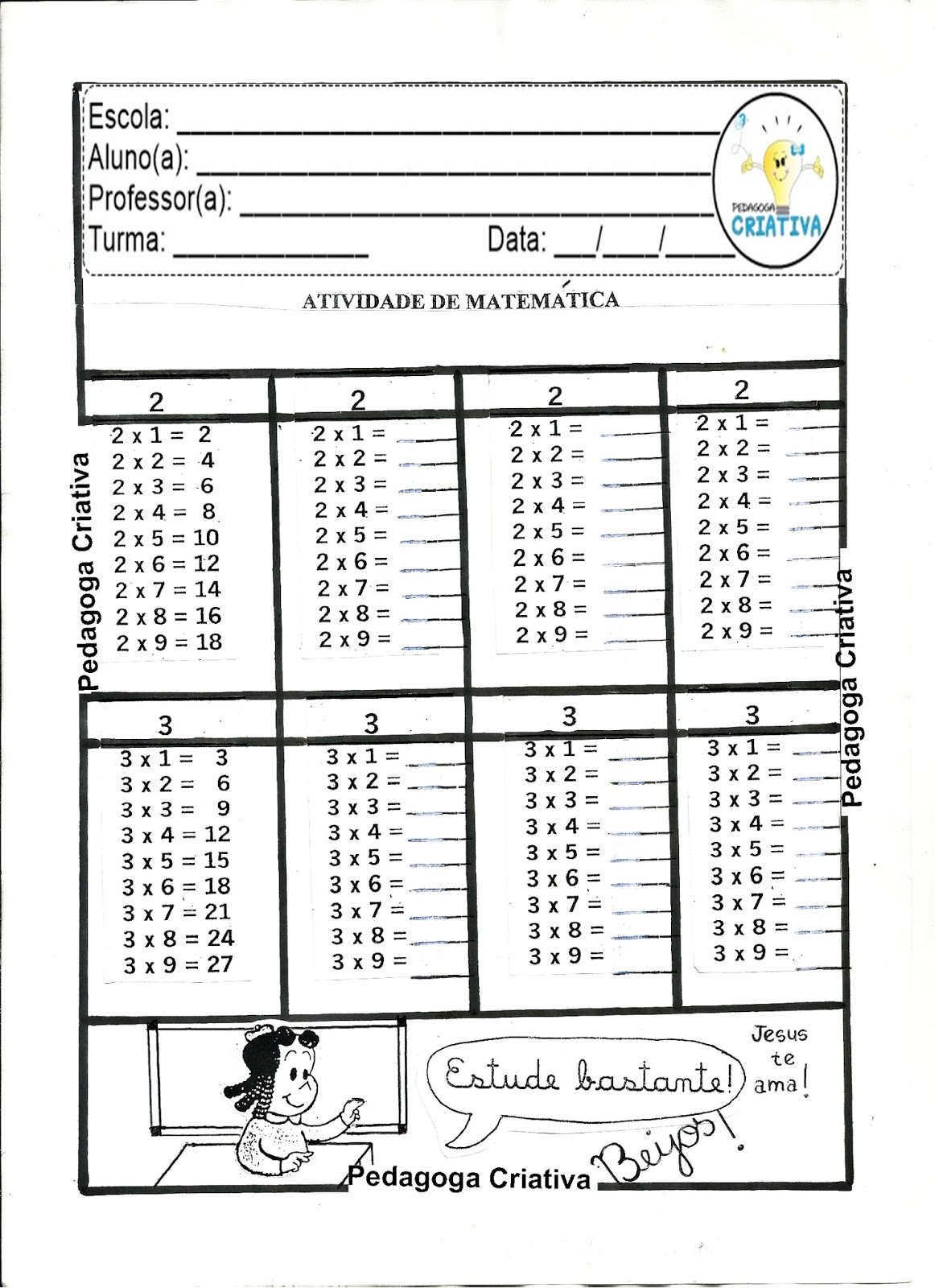 Pedagoga Criativa: Atividade para Imprimir: Tabuada de Multiplicação 2 e 3