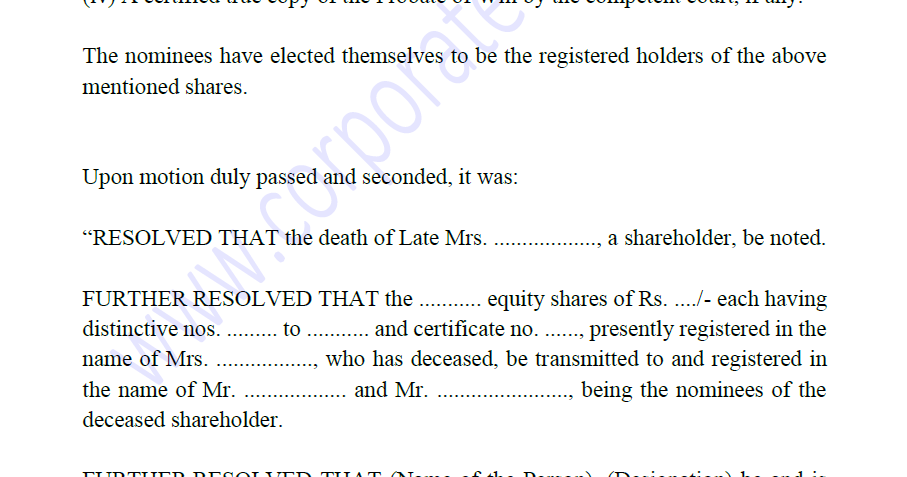 Board Resolution for Transmission of Shares in case of Death