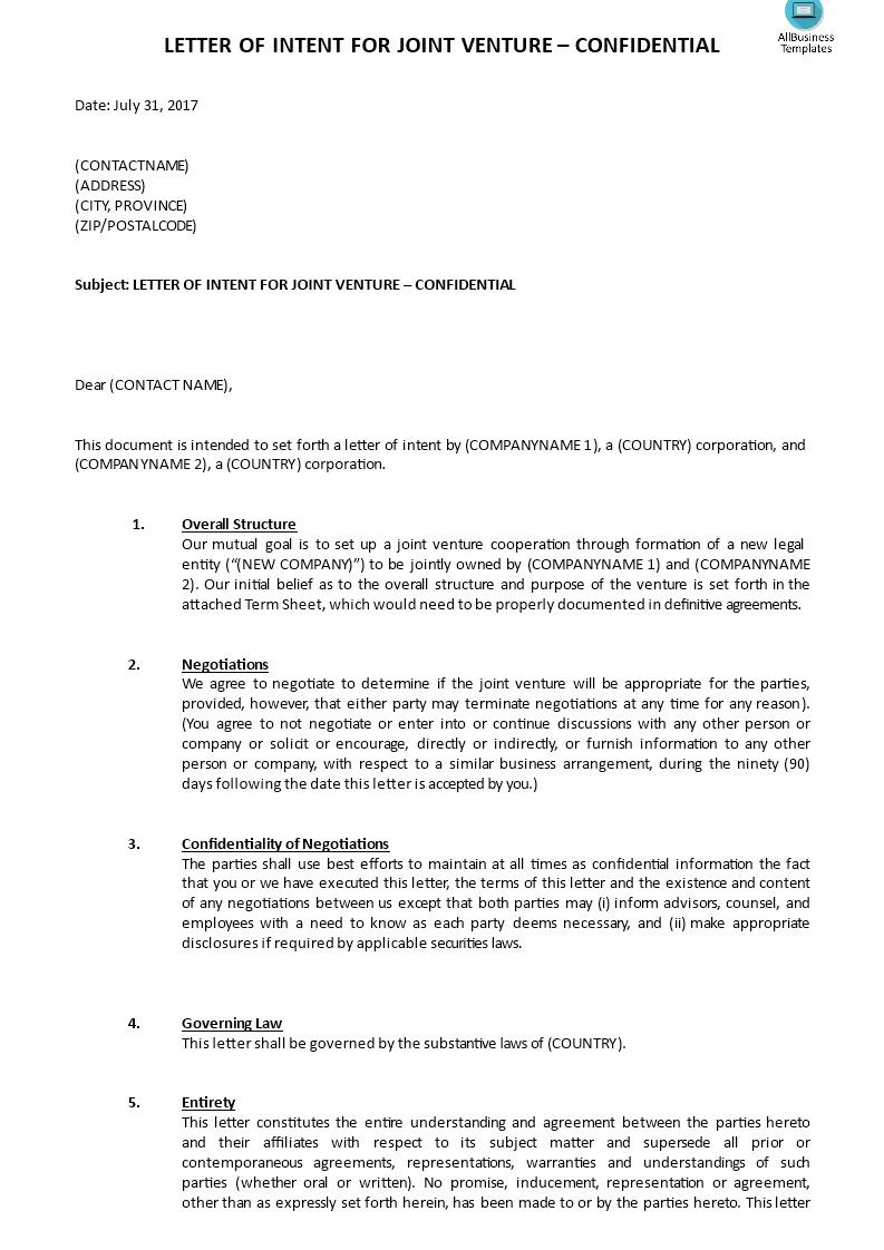 Joint Venture Letter Of Intent Template ~ Resume Letter