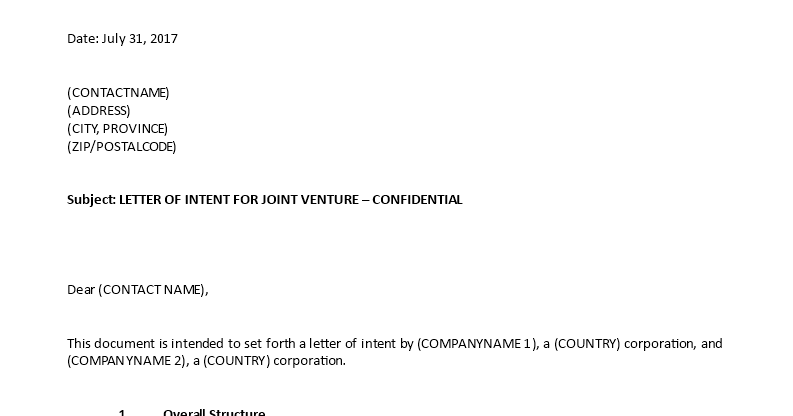 Joint Venture Letter Of Intent Template ~ Resume Letter