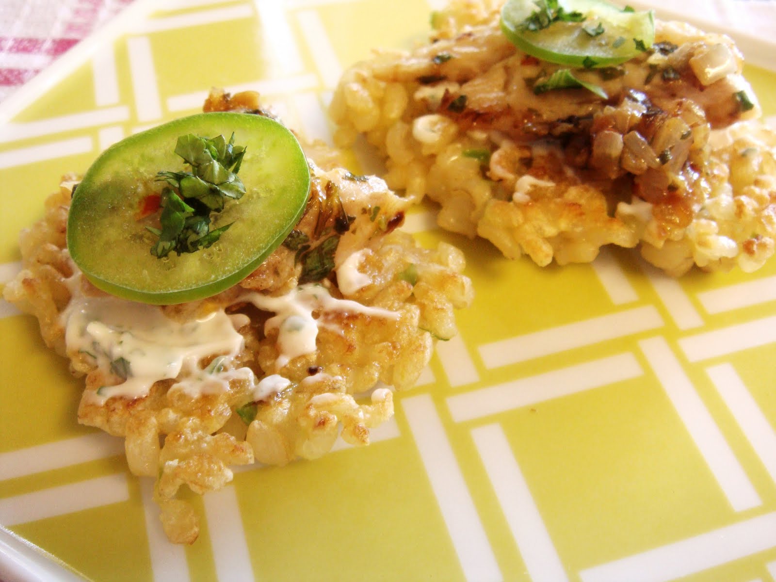 the little olive branch: pan fried tilapia on ginger-jalapeno rice cakes