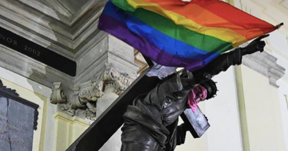 Jesus Monument Desecrated with LGBT Rainbow Flag