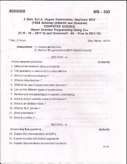 Bangalore University B C A Computer Science Object Oriented Programming Using C May June 2014