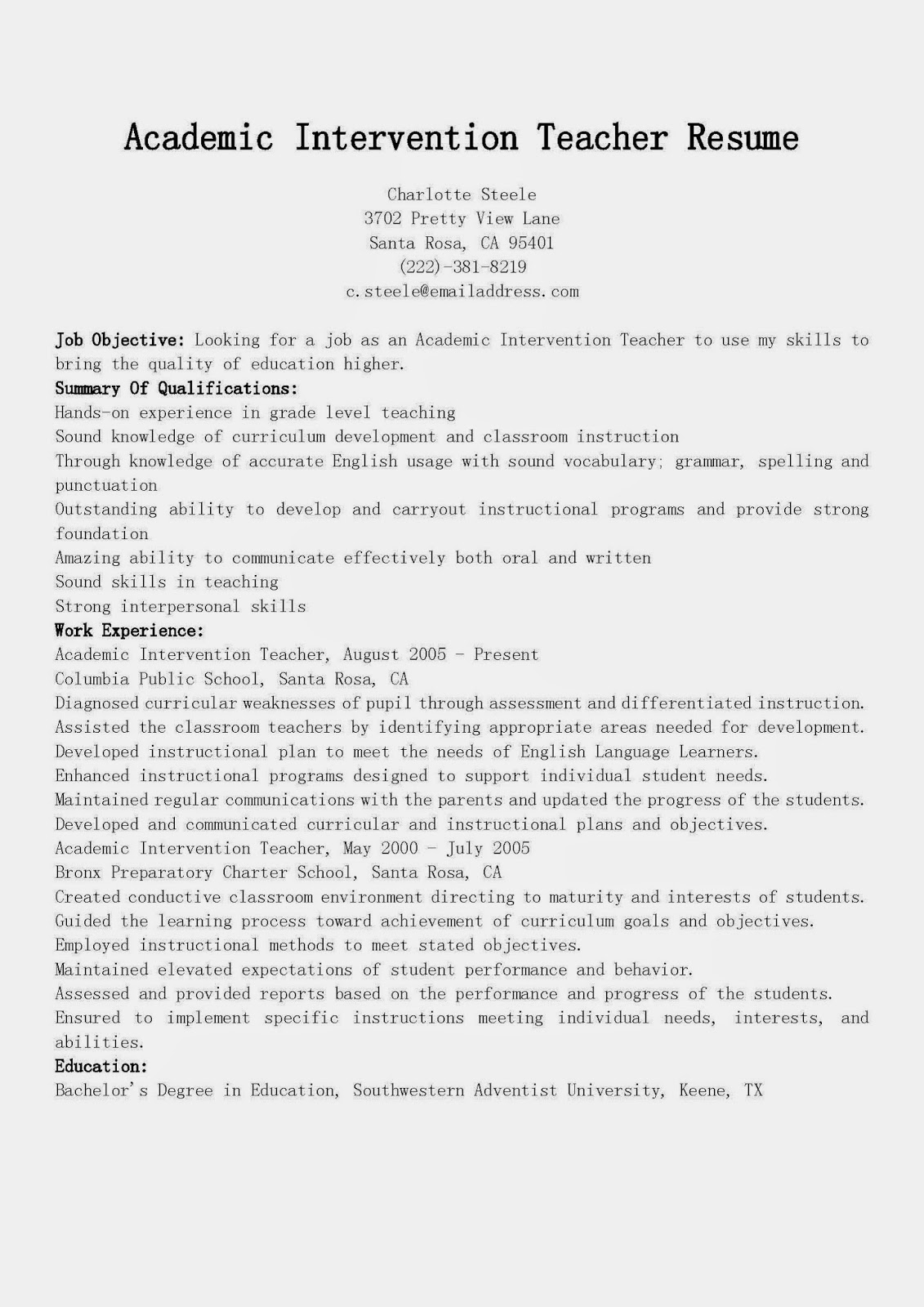 Resume Samples: Academic Intervention Teacher Resume Sample