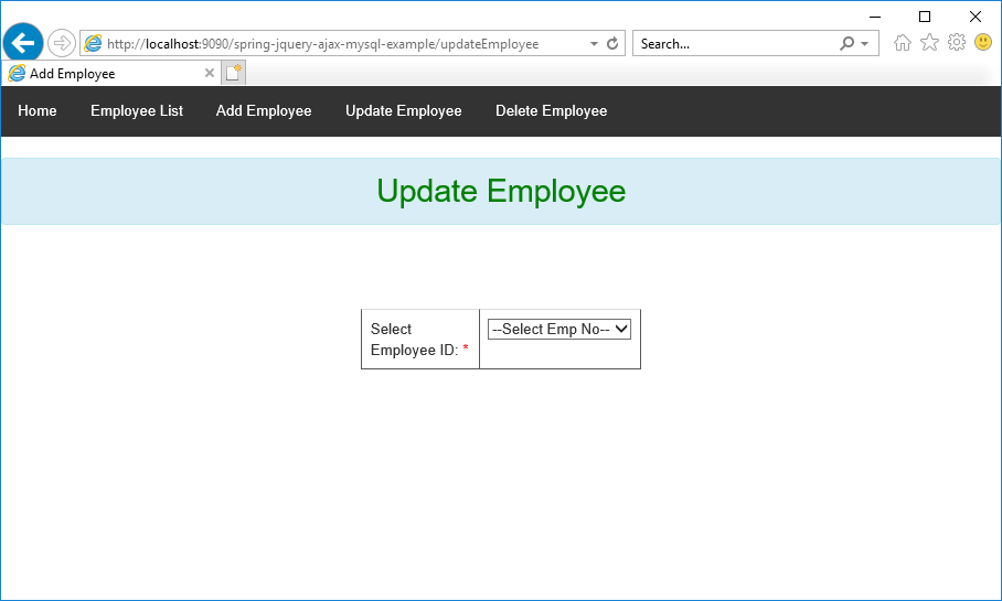 CRUD operations in Employee management using Spring, jQuery, Ajax, JSTL ...