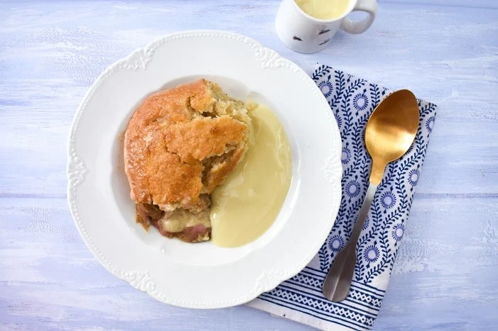 Vegan Rhubarb & Custard Sponge Pudding | Tinned Tomatoes