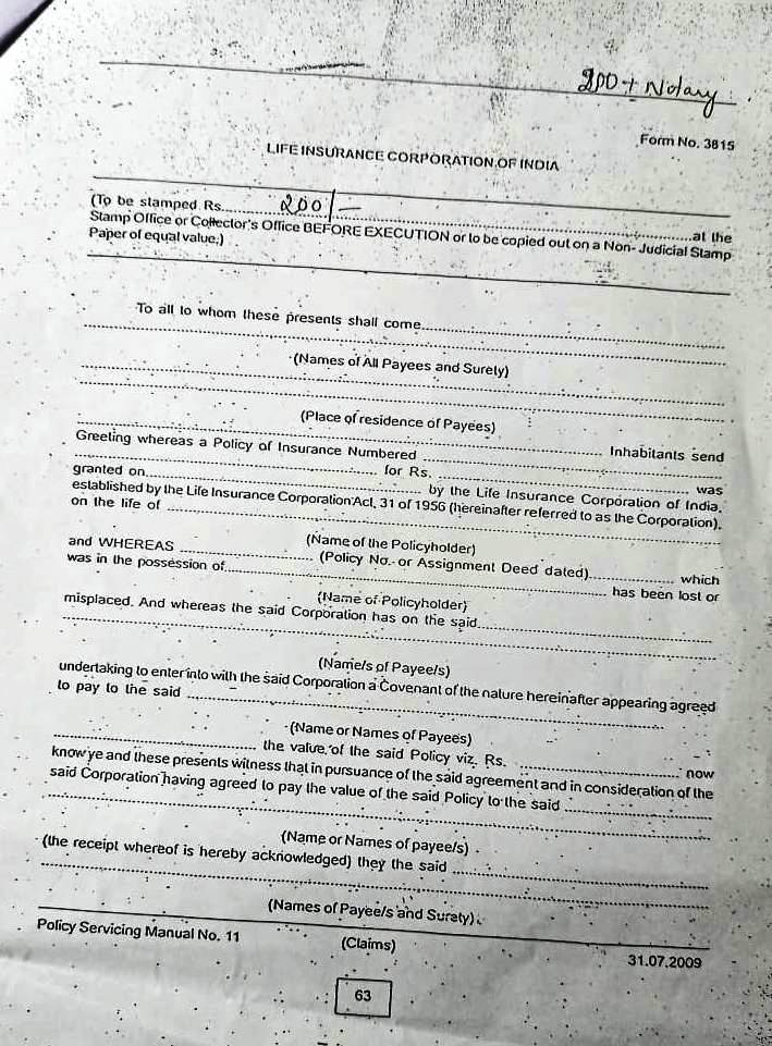 LIC policy bond lost - Format for Affidavit - How to submit for policy ...