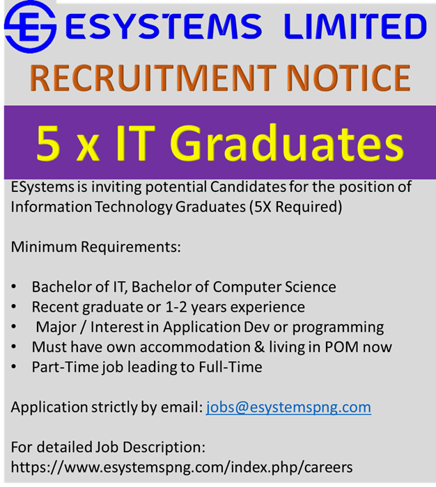 ICT Jobs : IT Graduates (5x) wanted by ESystems Limited - Tech Pacific